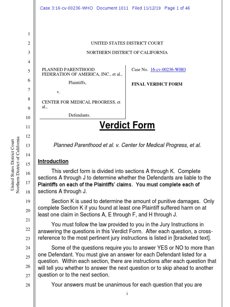 FINAL VERDICT FORM: Planned Parenthood v. Center For Medial Progress ...