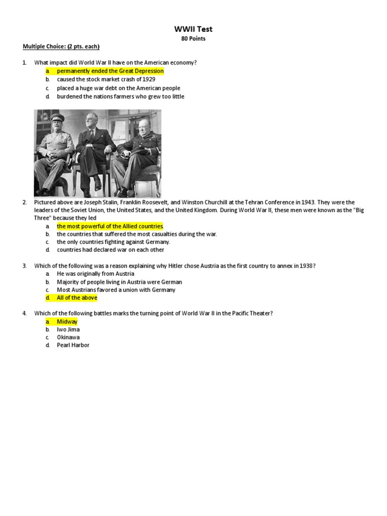 WWII Test: 80 Points Multiple Choice: (2 Pts. Each) | PDF | World War ...