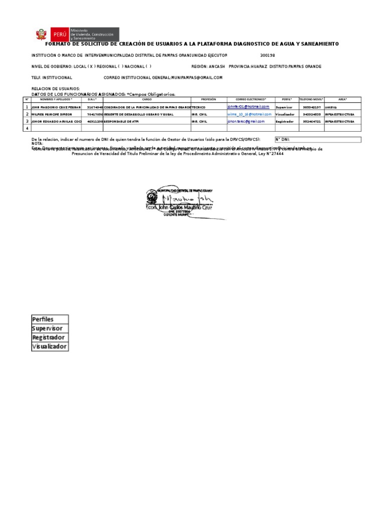 Formato Oficial Creación de Usuarios Plataforma Diagnóstico - MVSR | PDF