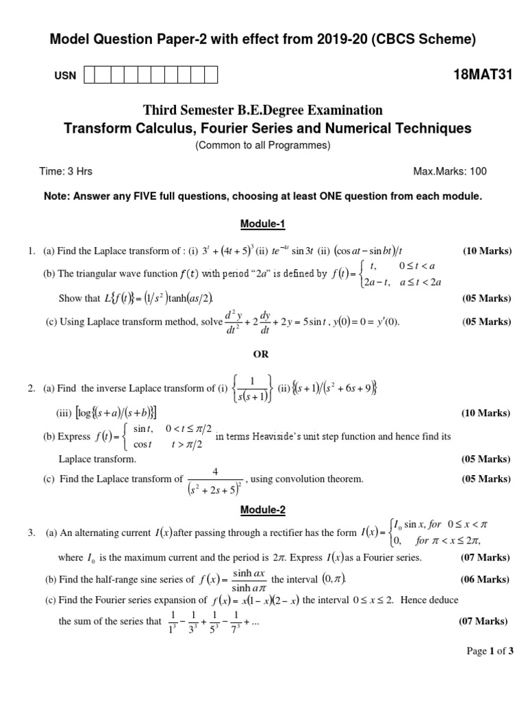 Engg Maths 3 Sem Jan 2020 | PDF | Fourier Series | Sine