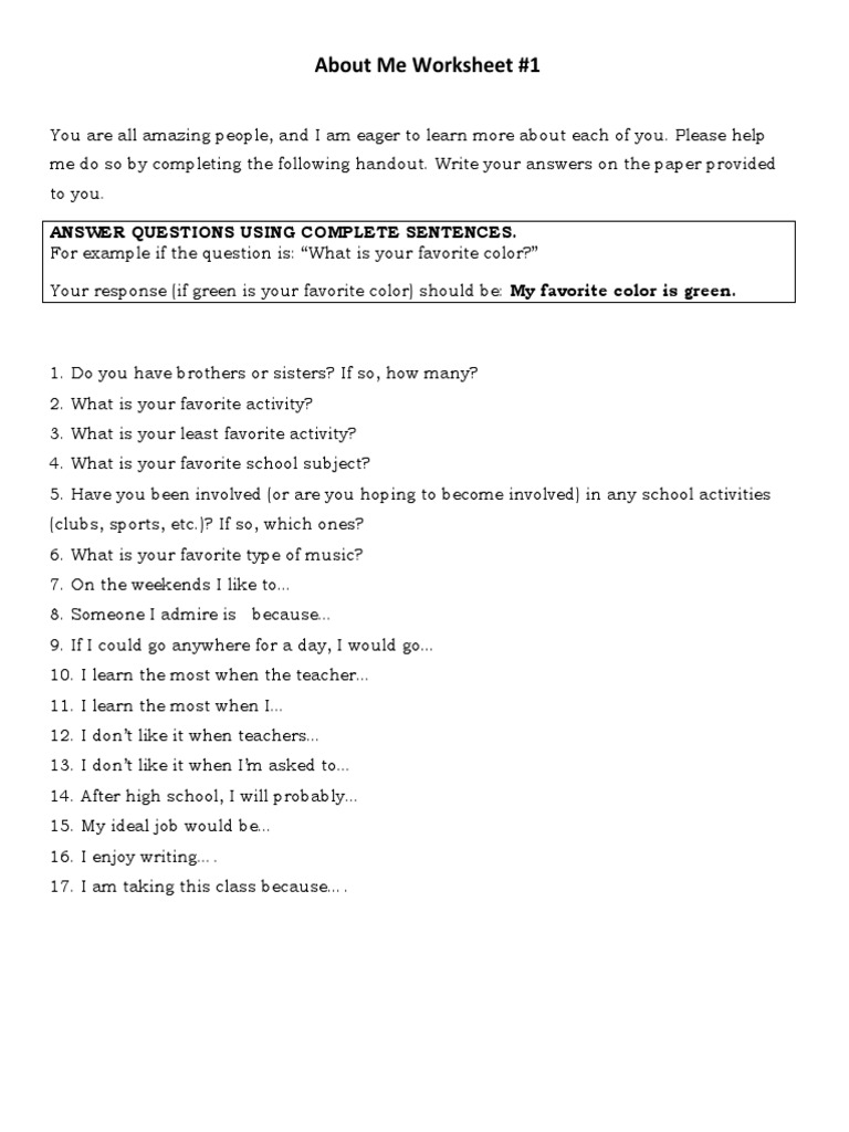 Getting to Know You: An Introduction Activity Worksheet for Students to ...