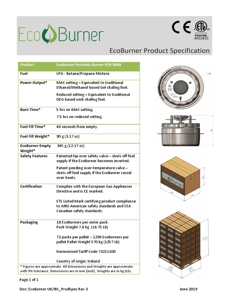 8999 EcoBurner Product Spec Rev 3 | PDF
