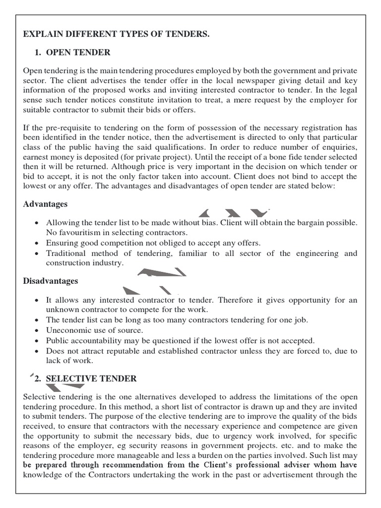 Explain Different Types of Tenders | PDF | Negotiation | General Contractor