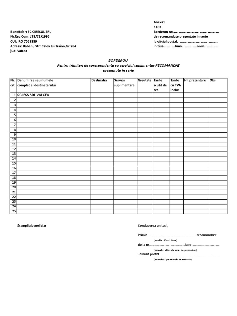 Borderou recomandate serie | PDF