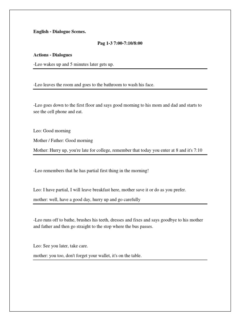 English - Dialogue Scenes. Pag 1-3 7:00-7:10/8:00 Actions - Dialogues | PDF