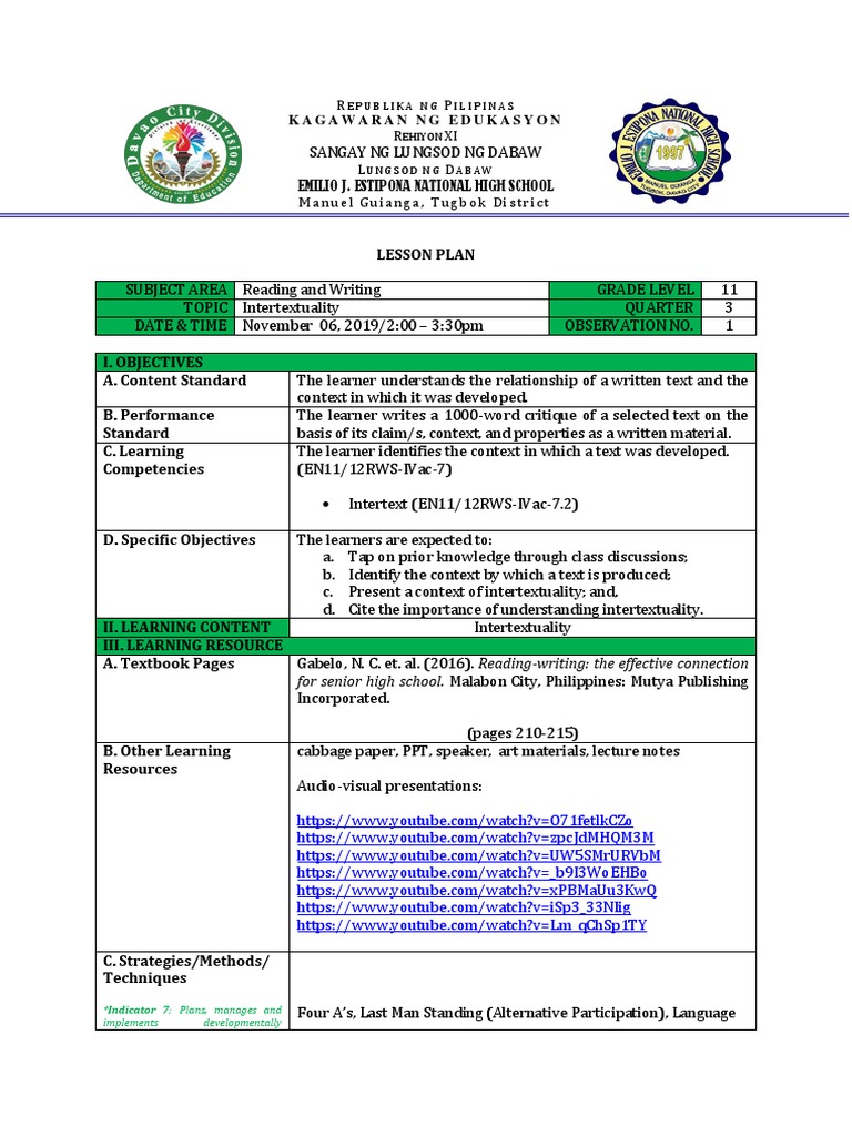 Sample DLP. For C.O. - Template | PDF | Intertextuality | Learning