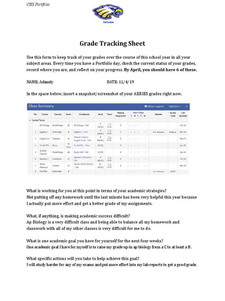 Grade Tracking and Reflection Sheet | PDF