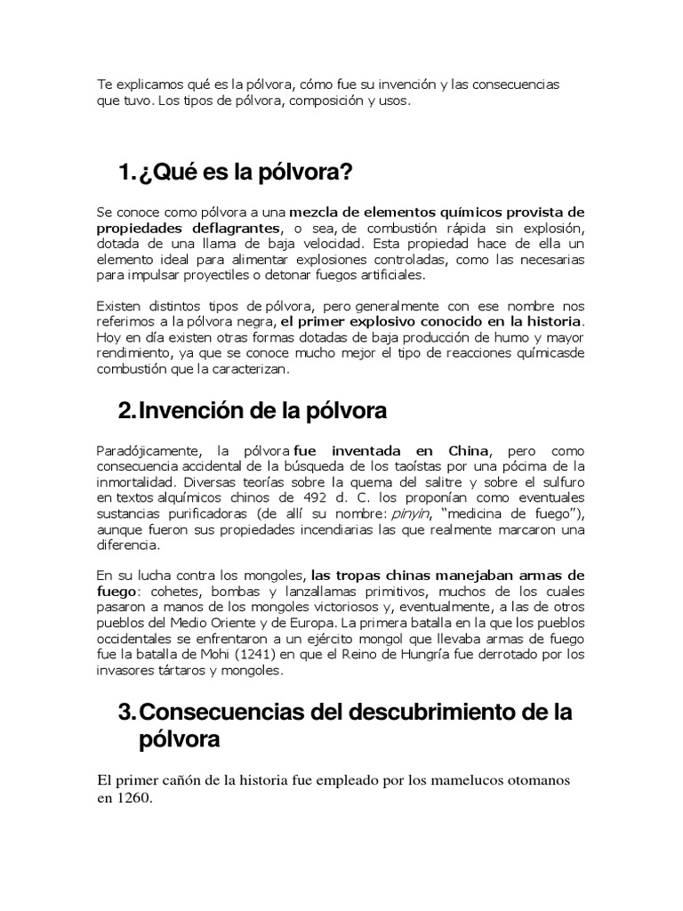 La Polvora, Que Significo Su Descubrimiento | PDF | Pólvora | Química