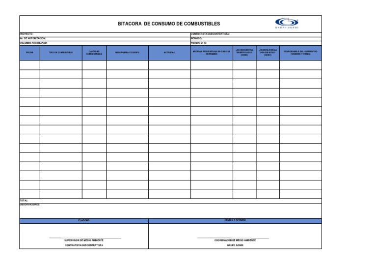 Formato 10 Bitácora de Consumo de Combustibles