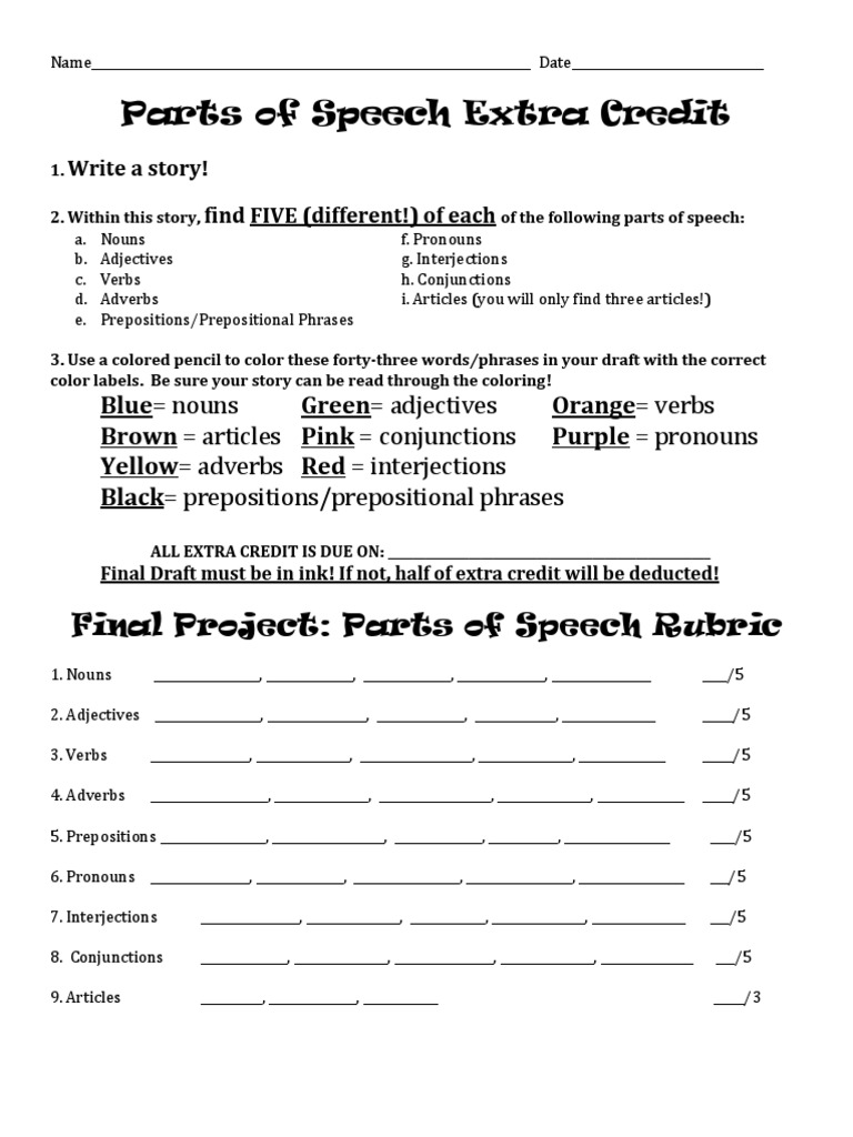 Parts of Speech Story Assignment | PDF