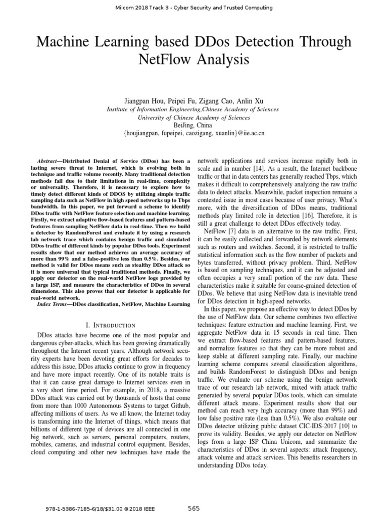 Machine Learning Based DDos Detection ThroughNetFlow Analysi | PDF ...