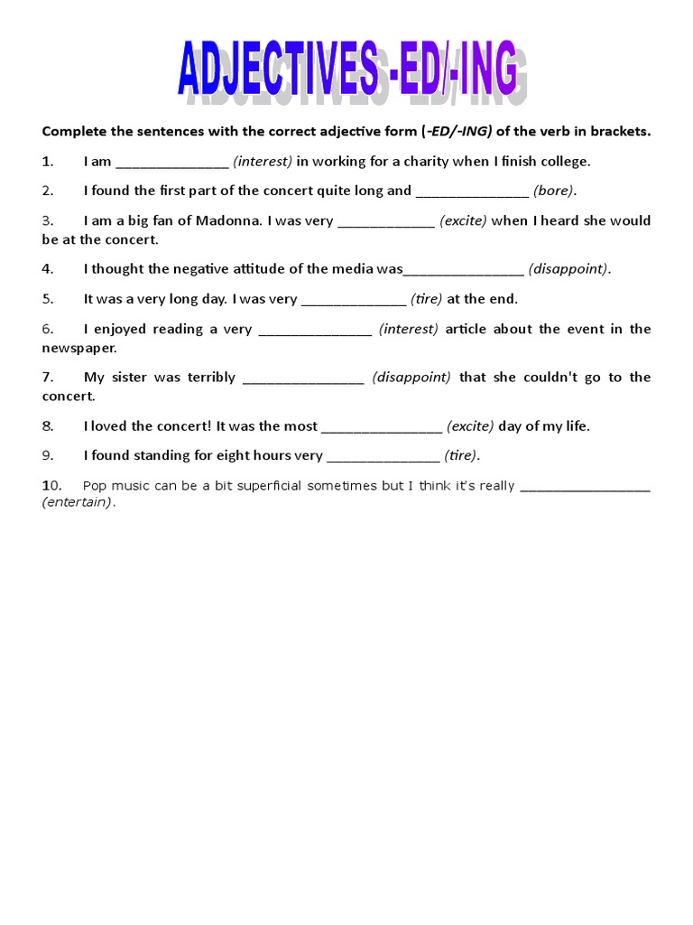 Adjective Form Exercises: -ED/-ING | PDF | Language Arts & Discipline ...
