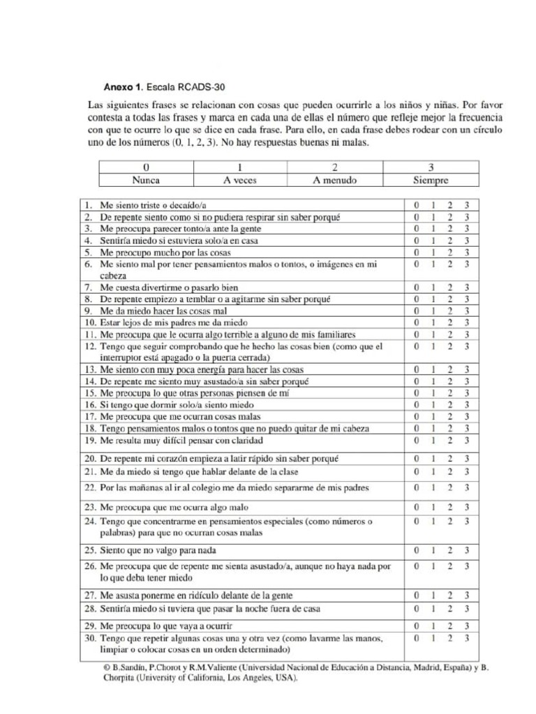 Escala RCADS-30 Ansiedad | PDF