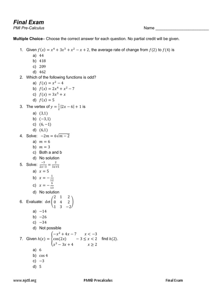 Precalculus Final Exam Review: Essential Topics and Practice Questions Precalculus Final Exam Review: Essential Topics and Practice Questions