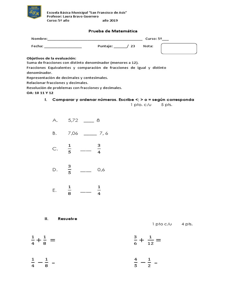 Control Mate 5º | Descargar gratis PDF | Fracción (Matemáticas) | Matemática Elemental