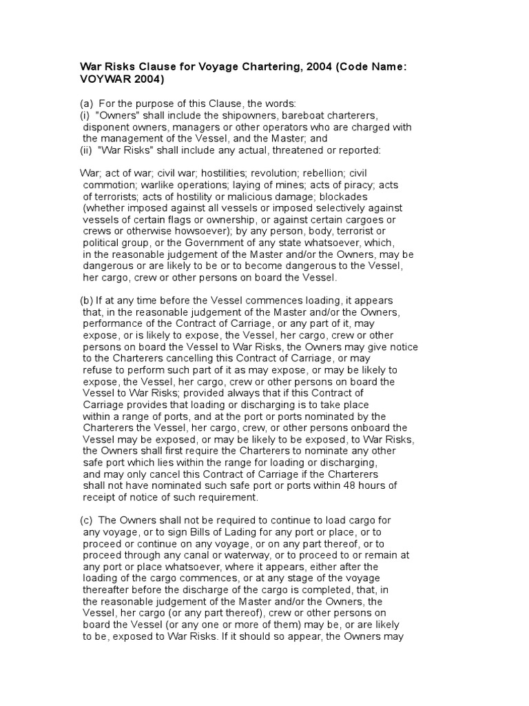 War Risks Clause for Voyage Chartering | PDF | Insurance | Government ...