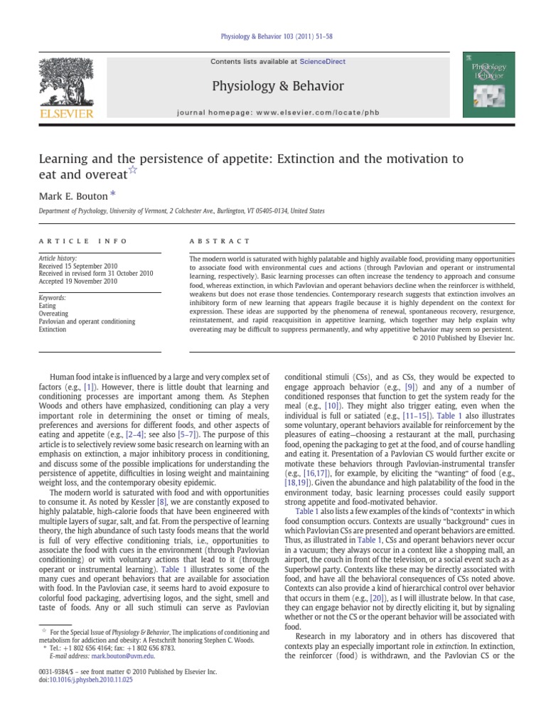 Physiology & Behavior: Mark E. Bouton | PDF | Classical Conditioning ...