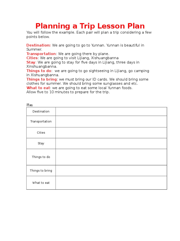 Planning A Trip Lesson Plan: Destination: Transportation Cities Stay ...