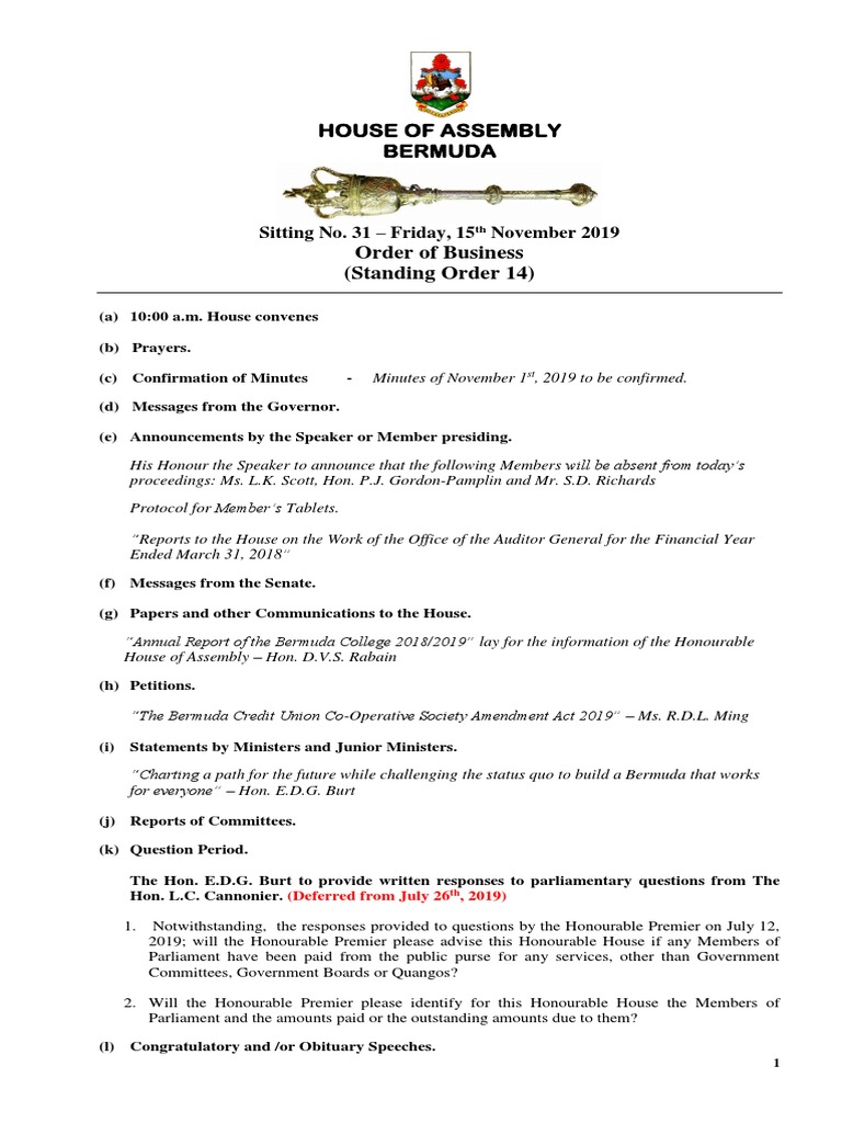 Bermuda House of Assembly Agenda Nov 2019 | PDF | The Honourable ...