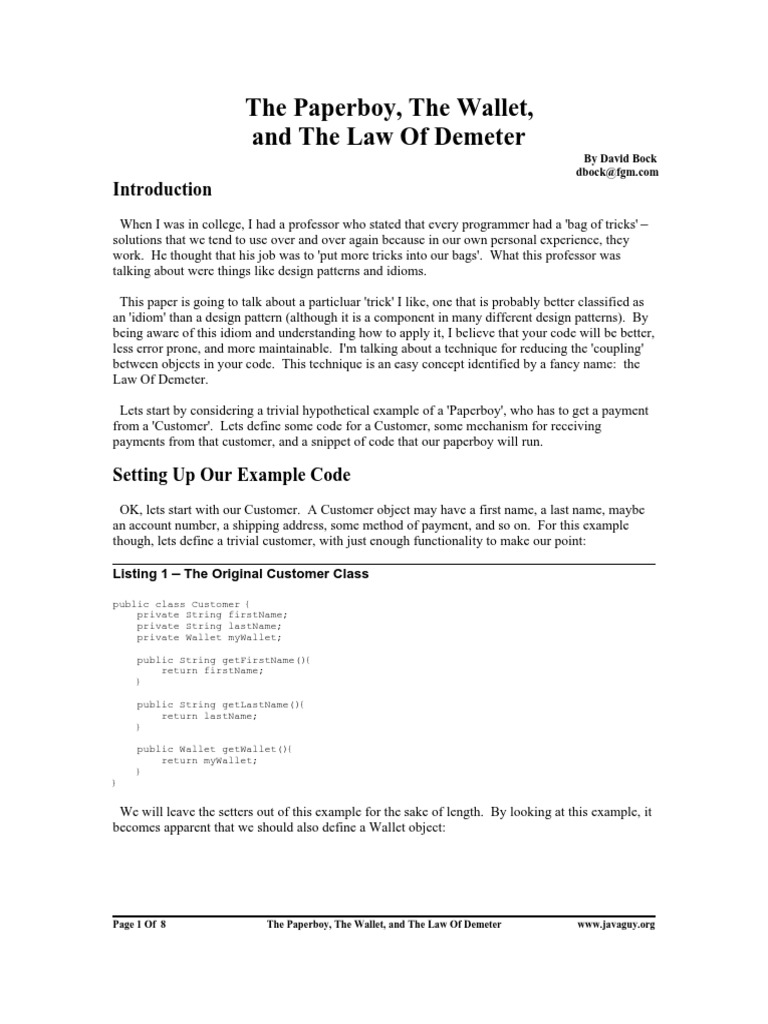 The Paperboy, The Wallet, and The Law of Demeter: Listing 1 The Original Customer Class | PDF ...