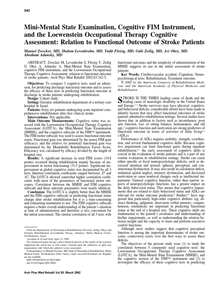 Mini Mental State Examination Cognitive FIM Instrument and The ...