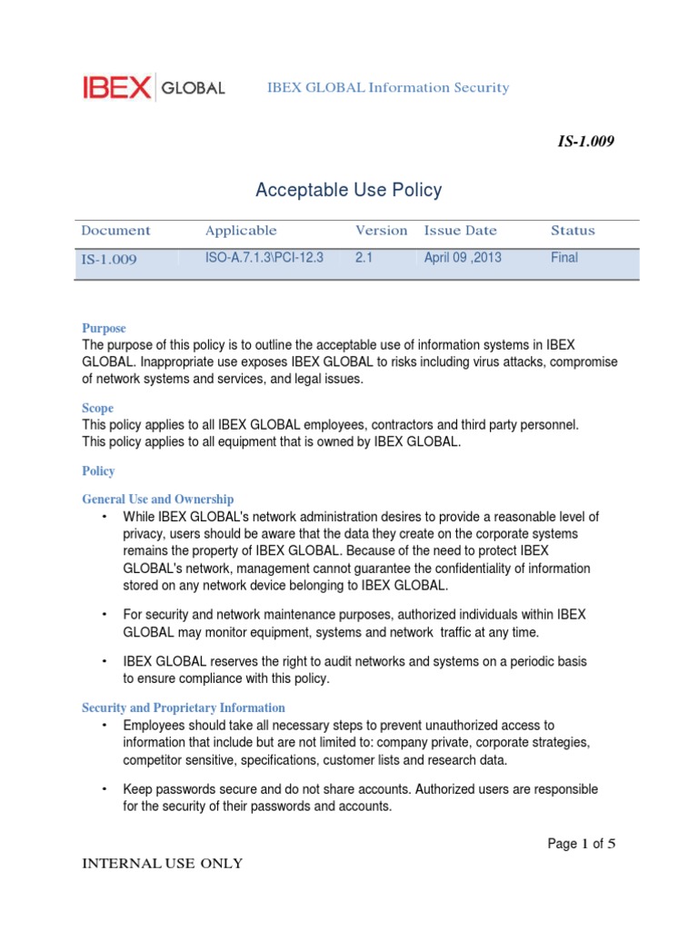 Acceptable Use Policy: IBEX GLOBAL Information Security | PDF ...