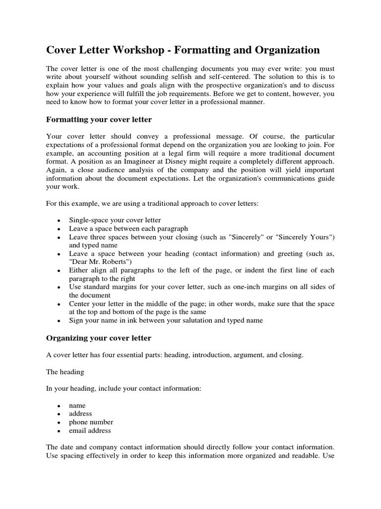 Cover Letter Workshop - Formatting and Organization | PDF | Paragraph ...