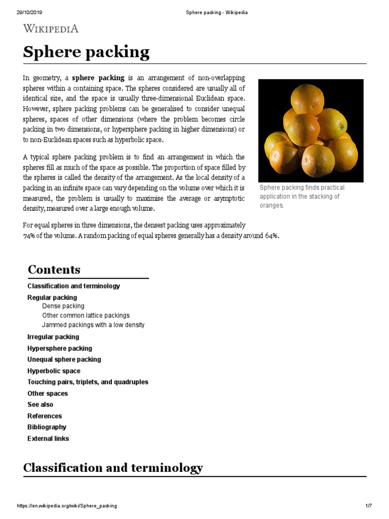 Sphere Packing: Classification and Terminology Regular Packing | PDF ...