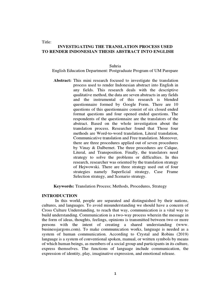 Investigating The Translation Process Used To Render Indonesian Thesis ...