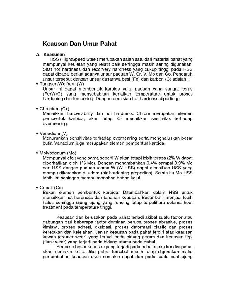 Keausan dan Umur Pahat HSS | PDF | Metode & Bahan Ajar | Teknologi ...