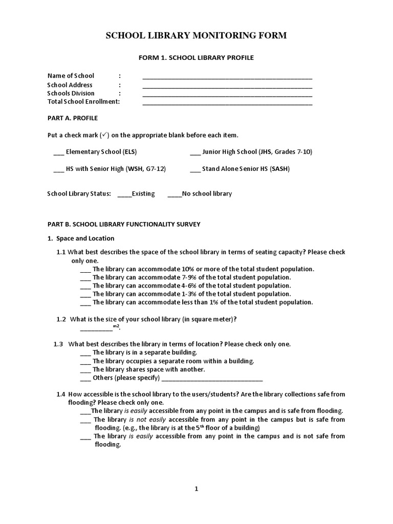School Library Monitoring Form | PDF | School Library | Libraries