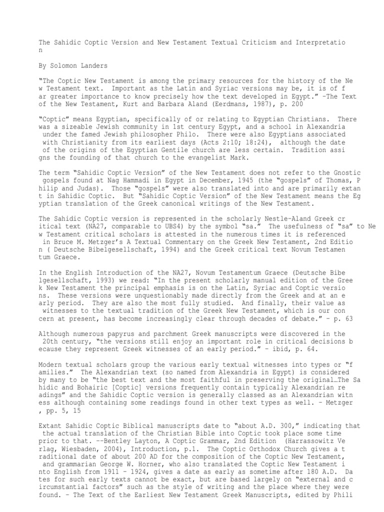 The Sahidic Coptic Version and New Testament Textual Criticism and ...