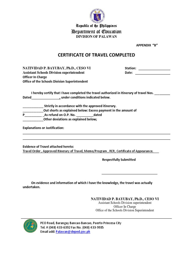 Cert. of Travel Completed (Appendix B) 2019 | PDF