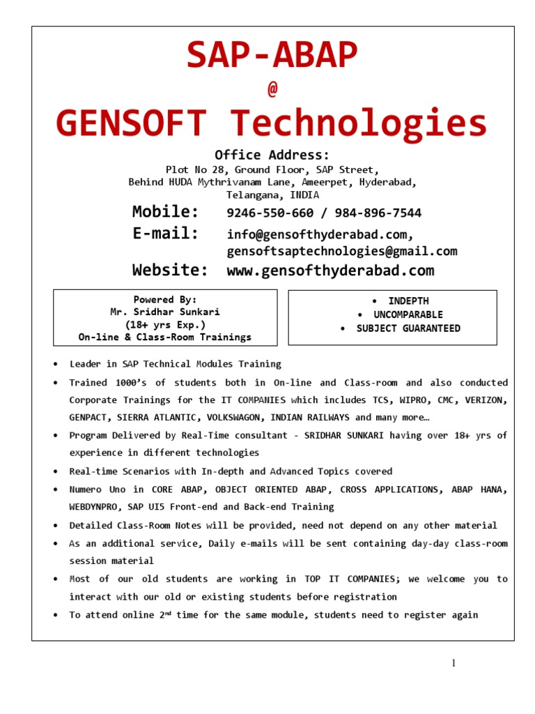 Sap Sridhar Technologies Abap Couse | PDF | Class (Computer Programming) | Method (Computer ...