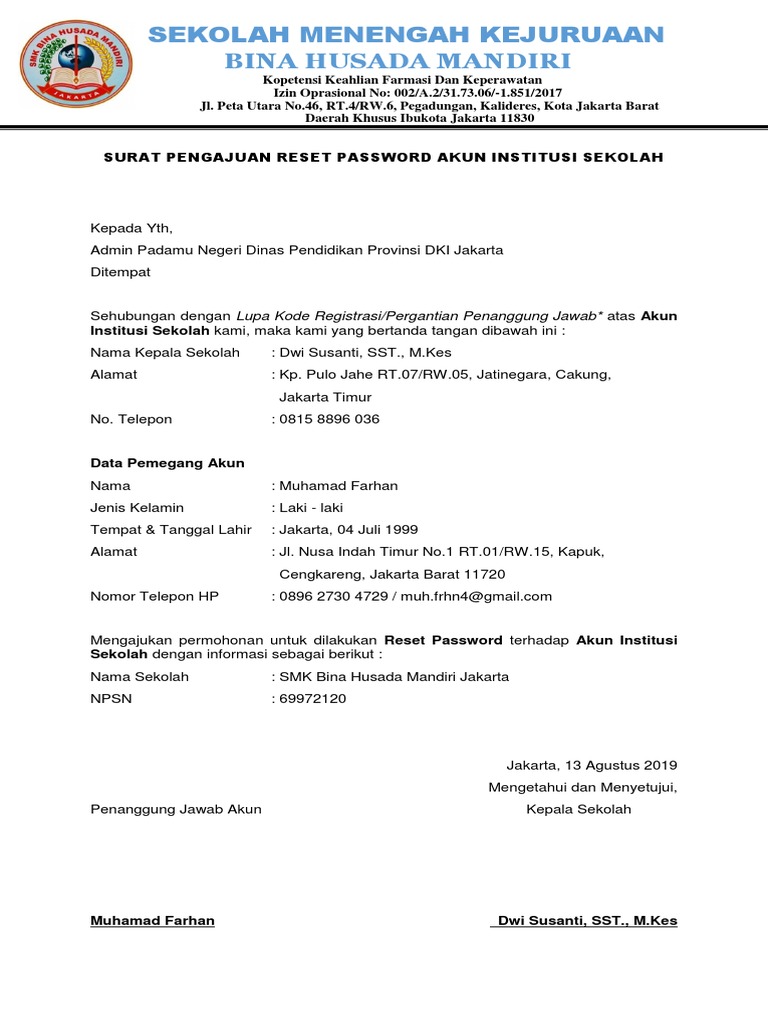 Surat Reset Password Dapodik | PDF