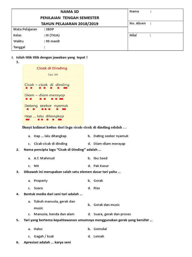 Soal Pts SBDP Kelas 3 Sem 1 | PDF