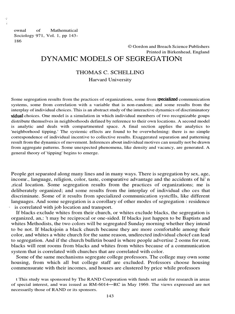 Dynamic Models of Segregationt: Thomas C. Schelling | PDF | Racial ...