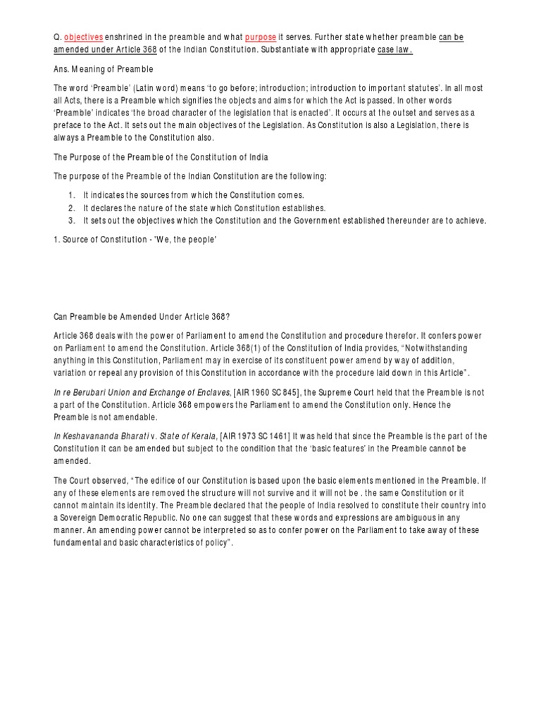 Purpose and amendment of India's Preamble | PDF | Constitution ...
