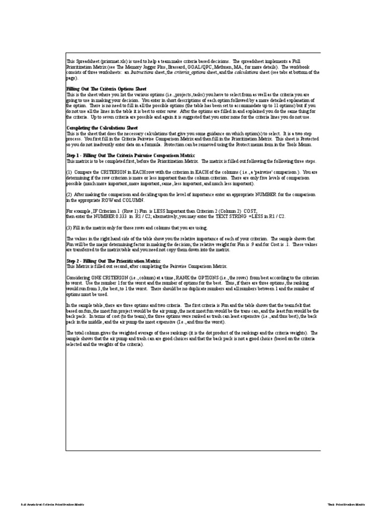 Pairwise Comparison Matrix Guide | PDF | Spreadsheet | Microsoft Excel