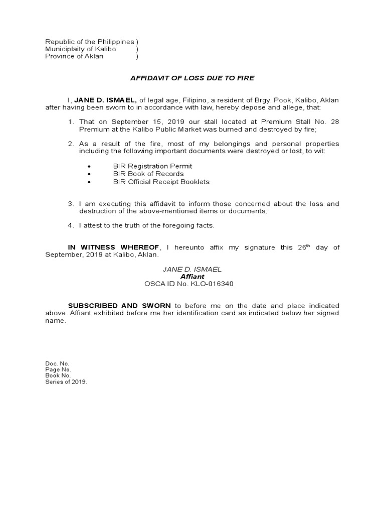 Affidavit of Loss Due to Fire Ismael | Affidavit | Government And ...