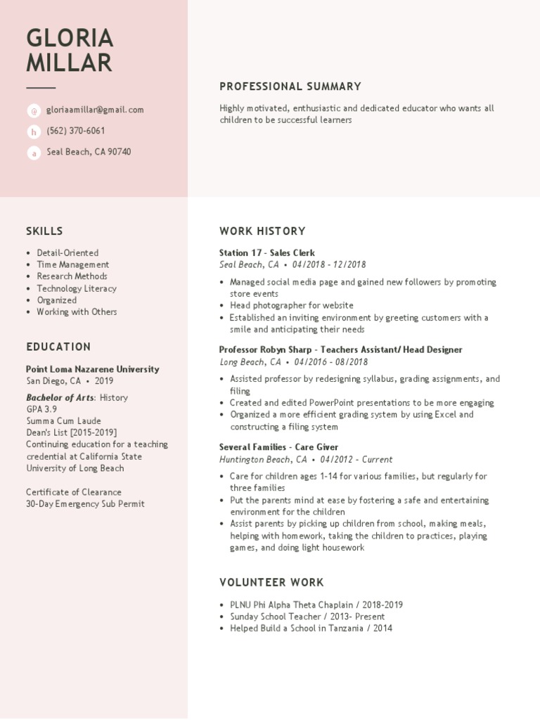 Gloria Millar Resume | PDF | Pedagogy | Teaching