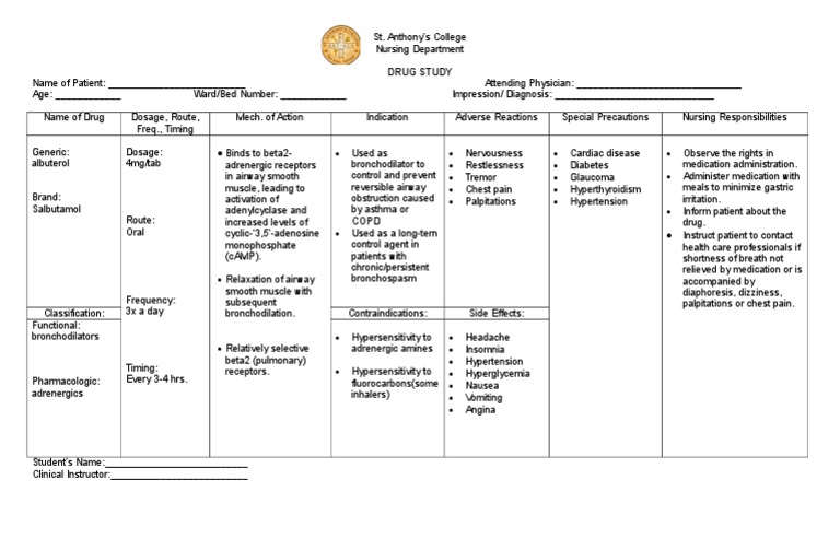 Drug Study Document Outlining Albuterol Dosage, Mechanism of Action ...