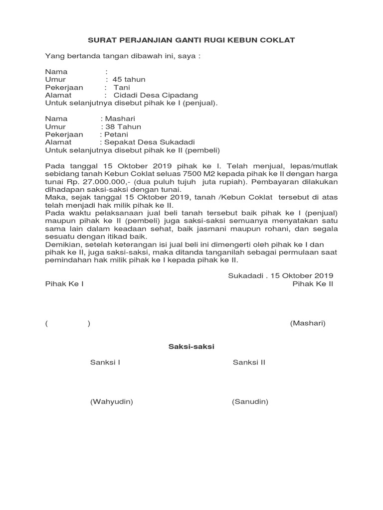 Surat Perjanjian Ganti Rugi Kebun Coklat | PDF