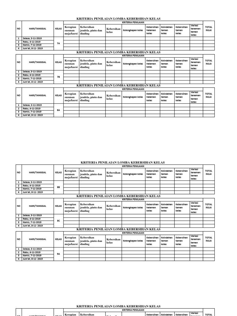Kriteria Penilaian Lomba Kebersihan Kelas | PDF