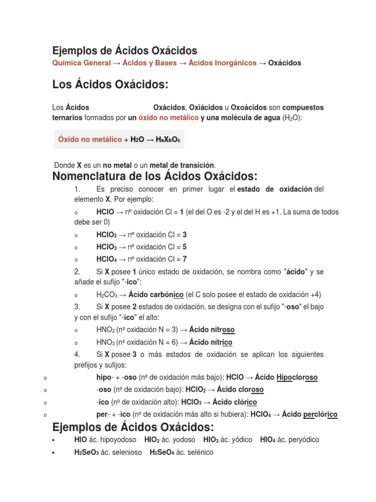 Ejemplos de Ácidos Oxácidos | PDF | Ácido | Cobre