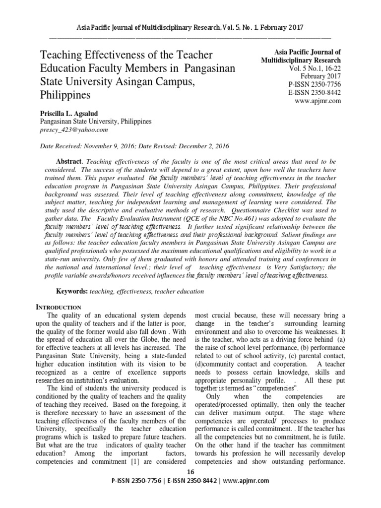 Teaching Effectiveness of The Teacher | PDF | Teachers | Postgraduate ...