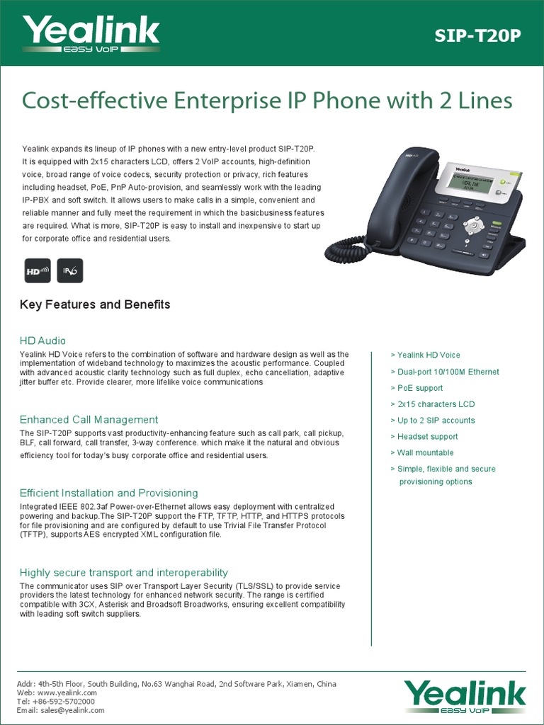 Yealink SIP-T20P Datasheet | PDF | Voice Over Ip | Session Initiation Protocol
