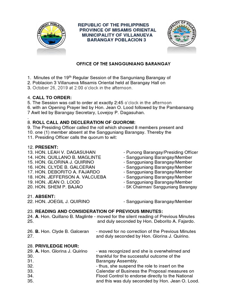 Minutes of Sangguniang Barangay Session | PDF | Government