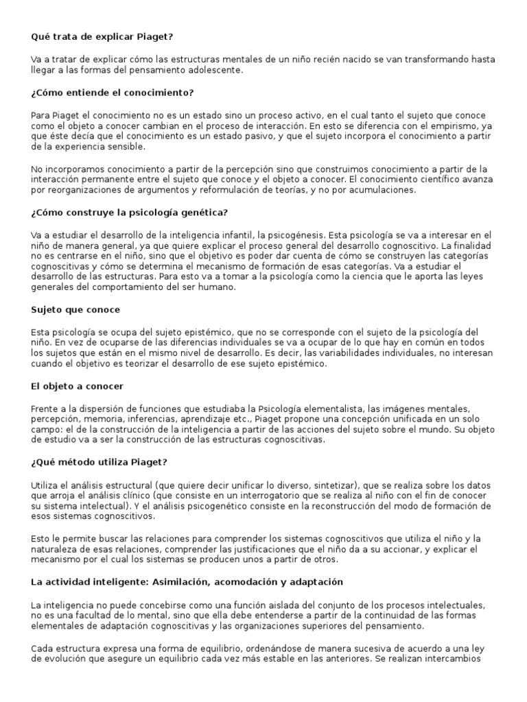 Psicogénesis según Piaget: Desarrollo Cognitivo | PDF | Sicología ...