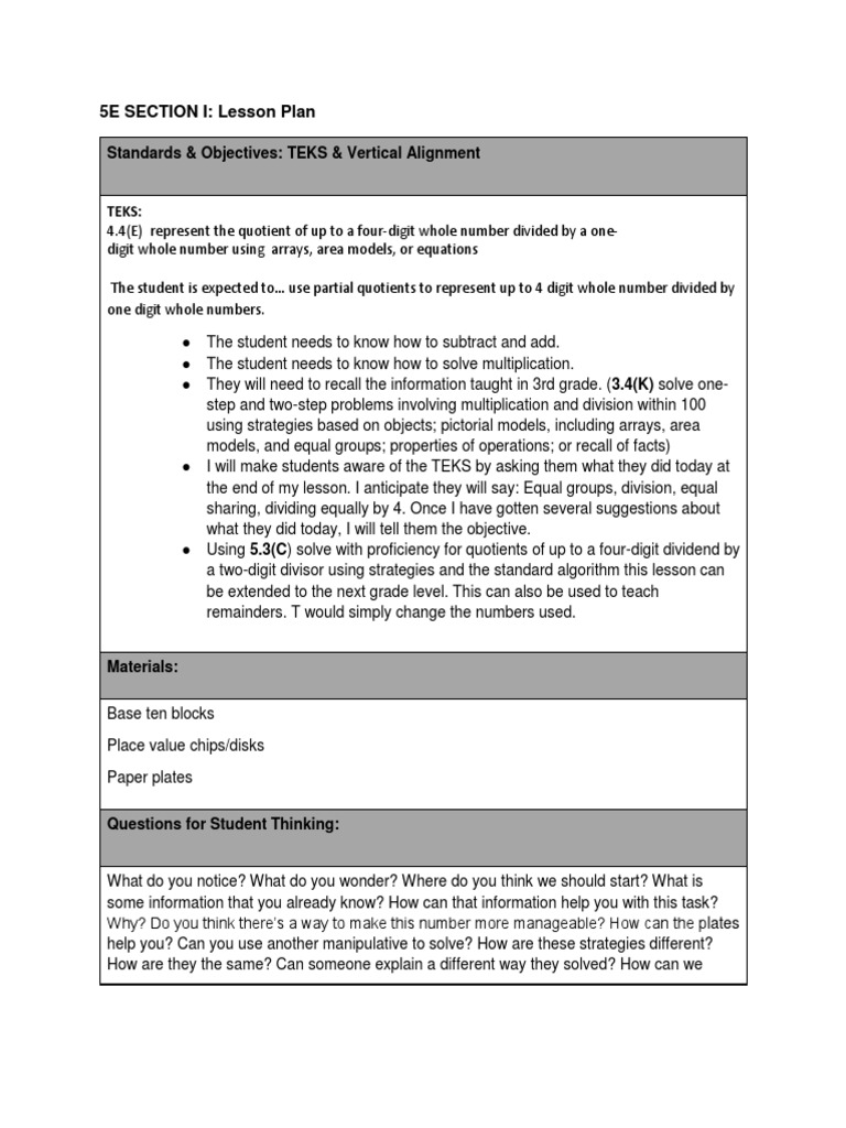 4th Grade Division Lesson Plan | PDF | Division (Mathematics ...